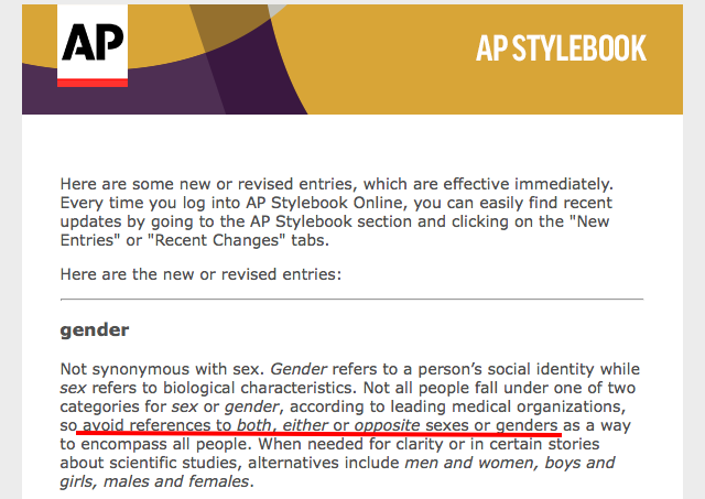 Associated Press issues new guidance on sex, gender: ‘avoid’ referring ... Associated Press issues new guidance on sex, gender: ‘avoid’ referring ...